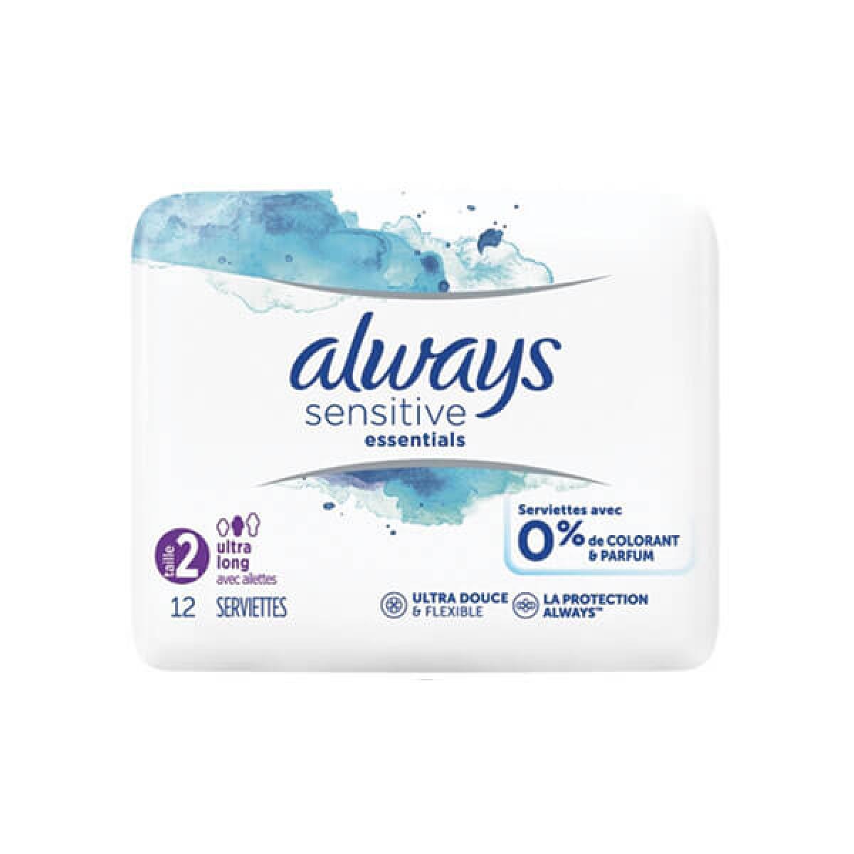 ALWAYS Sensitive essentials taille 2 ultra long 12 serviettes avec ...